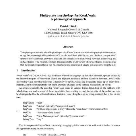 Finite State Morphology For Kwakwala A Phonological Approach Acl Anthology