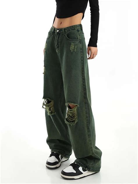 Y2k 여성 스트리트웨어 하라주쿠 레트로 와이드 레그 요정 그런지 찢어진 청바지 데님 바지 하이 웨이스트 배기 바지 고딕 Alt 의류 Aliexpress