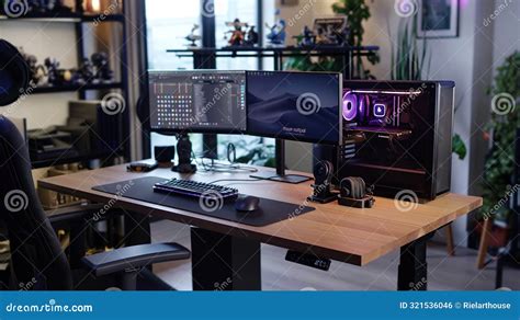ergonomic computer desk setups with multiple screen stock illustration