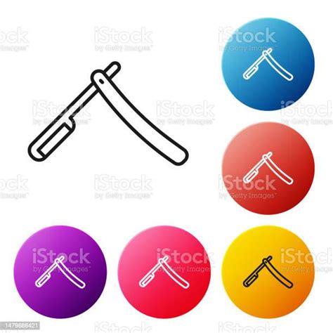 흰색 배경에 격리 된 검은 선 직선 면도기 아이콘입니다 이발소 기호입니다 아이콘 다채로운 원 버튼을 설정합니다 벡터 일러스트레이션 0명에 대한 스톡 벡터 아트 및 기타