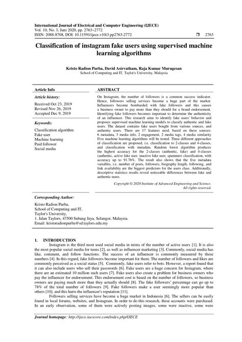 Pdf Classification Of Instagram Fake Users Using Supervised Machine