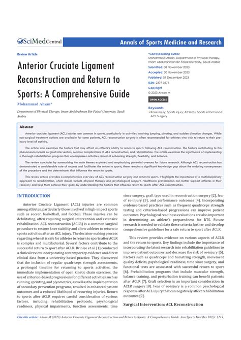Pdf Anterior Cruciate Ligament Reconstruction And Return To Sports A Comprehensive Guide