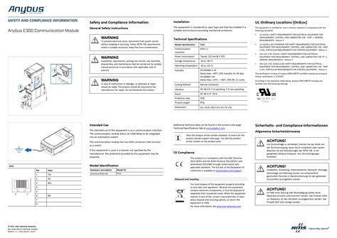 Anybus E300 Communication Module Safety And Compliance Information