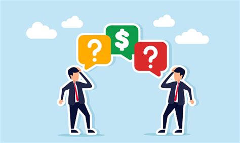 채팅 대화 상자와 혼동하는 두 명의 사업가가 달러 기호를 보여 주어 한 사업가가 재무 관리에 대해 논의 할 때 혼란을 나타내는 물음표 대화 상자 그림을 갖게합니다 결정에