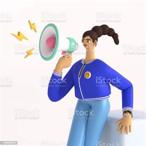 귀여운 젊은 여자가 발표하거나 말하고 있다 광고 및 Pr 개념 이미지 여성 캐릭터가 메가폰을 들고 이야기합니다 3d 렌더링 그림입니다 개념에 대한 스톡 사진 및 기타 이미지