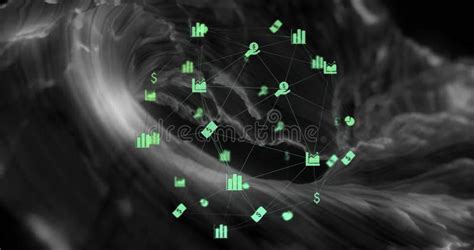 Image Of Globe Of Connections With Icons Over White Shapes On Black Background Stock
