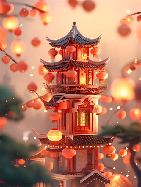 3d效果ai数字艺术 古建筑和灯笼的喜庆3d效果 Ai立体元素免费下载png格式2784像素编号69471546 千图网