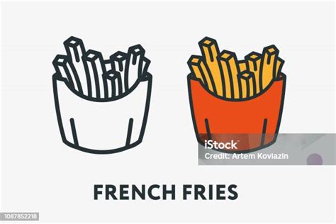 감자 튀김 레드 패키지 패스트 푸드 개념 최소한의 플랫 라인 개요 다채로운 및 스트로크 아이콘 그림 0명에 대한 스톡 벡터 아트