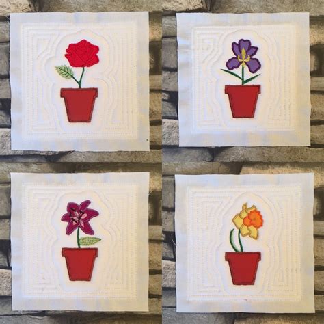 Flower Pot Quilt Block Set Machine Embroidery Ith In The Hoop Quilt