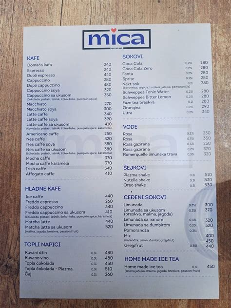 Menu At Mica Caffe Zemun Cafe Belgrade
