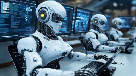 Digital Future Robots Programming On Computer Screens In Advanced Tech Lab Stock Illustration