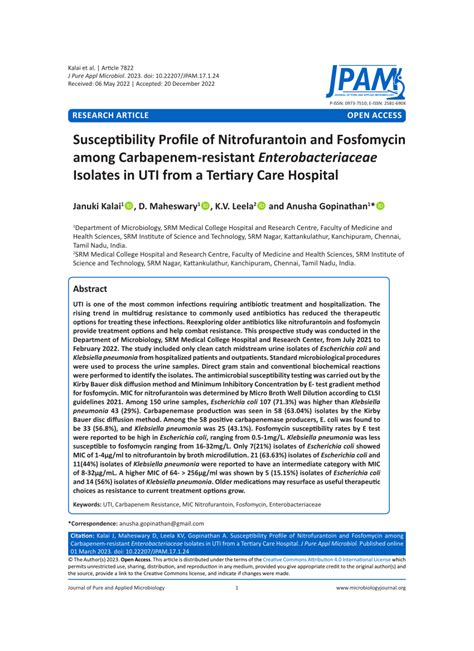 Pdf Susceptibility Profile Of Nitrofurantoin And Fosfomycin Among Carbapenem Resistant