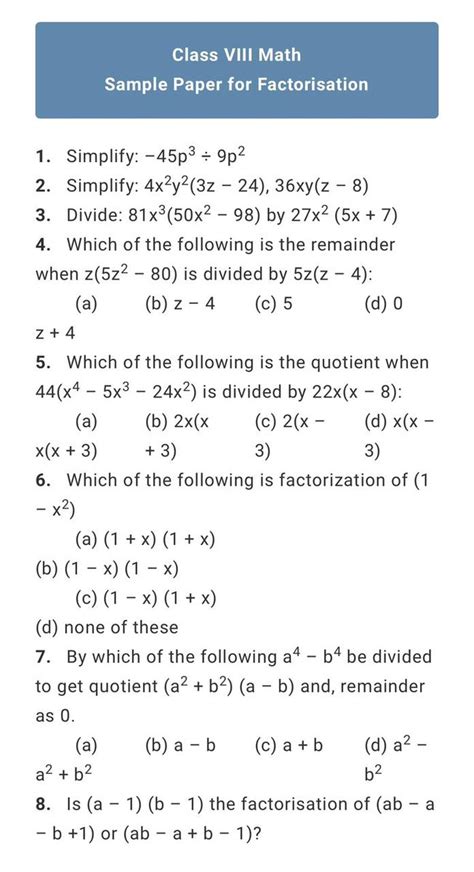 Class Viii Math Sample Paper For Factorisation Simplify 45 P 3