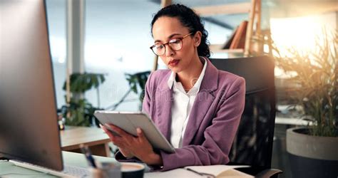 Reading Computer And Woman On Tablet In Office For Online Project Proposal And Website