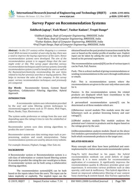 Irjet Survey Paper On Recommendation Systems Pdf