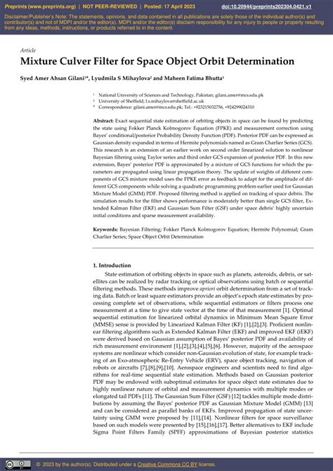 Pdf Mixture Culver Filter For Space Object Orbit Determination