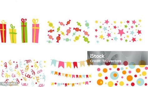 생일 파티 기호 세트 화려한 카니발 축제 디자인 요소 플래그 색종이 과자 선물 흰색 배경에 그림을 벡터 귀여운에 대한 스톡 벡터