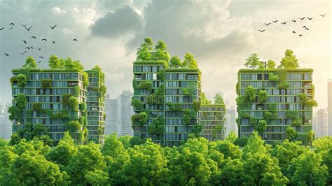 Ecological Futuristic Green City Lush Greenery Trees Buildings Eco