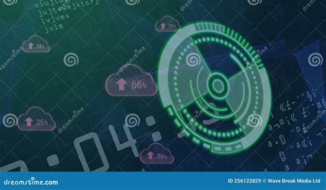 Image Of Scope Scanning And Cloud Icons Over Data Processing Stock Illustration Illustration