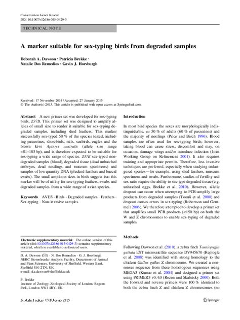 Pdf A Marker Suitable For Sex Typing Birds From Degraded Samples