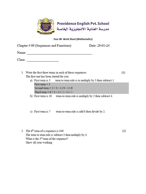 Work Sheet Year 8 Chapter 09 Pdf Function Mathematics