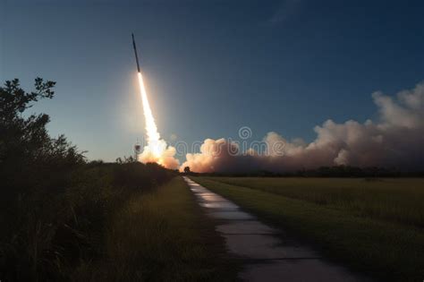 Illustration Of A Rocket Launching Into Space Representing Space Exploration And Technology