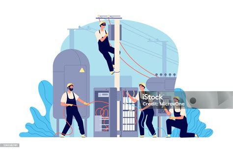 전기 에너지 유지 보수 기술자 전기 작업 발전기 변압기 서비스 엔지니어 남자 수리 상자 전원 벡터 그림 배전반에 대한 스톡 벡터 아트 및 기타 이미지 Istock