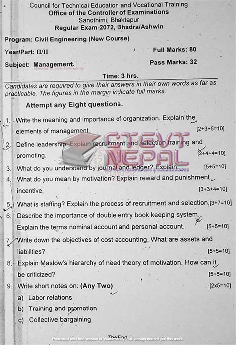 management 4th semester question papers ctevt diploma in civil