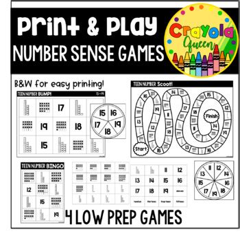 Low Prep Print And Play Teen Number Games By Crayola Queen Tpt