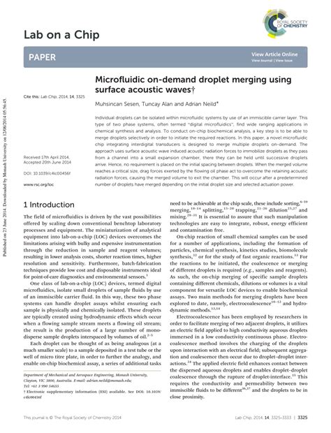 Pdf Microfluidic On Demand Droplet Merging Using Surface Acoustic Waves