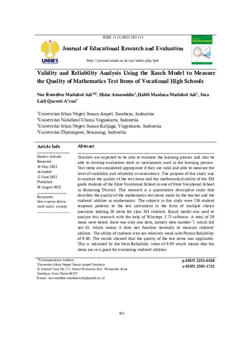 Pdf Validity And Reliability Analysis Using The Rasch Model To Measure The Quality Of