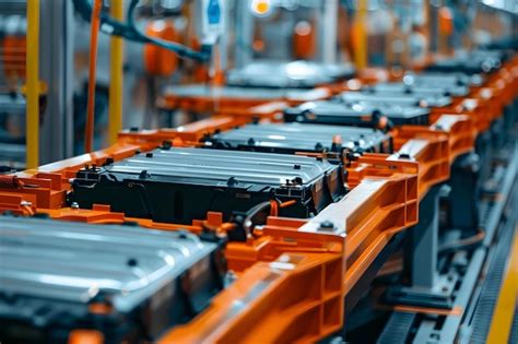 Closeup View Of Electric Vehicle Battery Cell Assembly Line In Mass