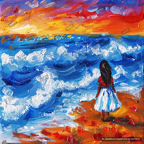 Ai创作图手绘海边散步的小姑娘 唯美小女孩海边插画 手绘海边散步的女孩 海边女孩插画 海边少女插画 看海的小女孩 海天一色美术绘画 海边走过的