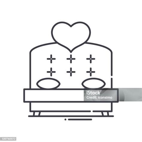 결혼 침대 아이콘 선형 격리 된 일러스트레이션 얇은 줄 벡터 웹 디자인 기호 흰색 배경에 편집 가능한 스트로크와 개요 개념 기호 개체 그룹에 대한 스톡 벡터 아트 및 기타