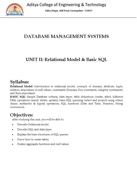 dbms r20 unit 2 pdf relational database relational model