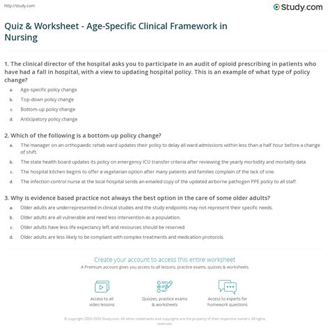 Quiz And Worksheet Age Specific Clinical Framework In Nursing