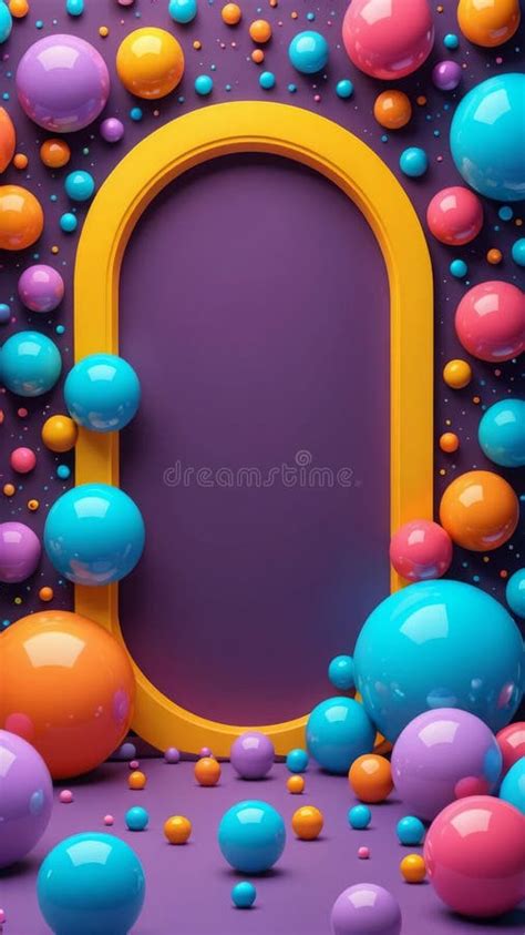 Colorful 3d Spheres Surround A Yellow Oval Frame On A Purple Background Creating A Vibrant