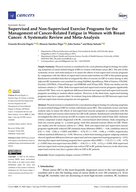 Pdf Supervised And Non Supervised Exercise Programs For The Management Of Cancer Related