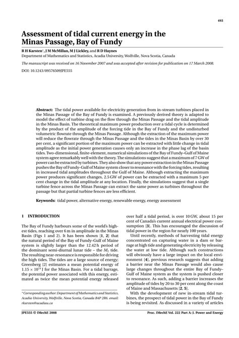 Pdf Assessment Of Arrays Of In Stream Tidal Turbines In The Bay Of Fundy