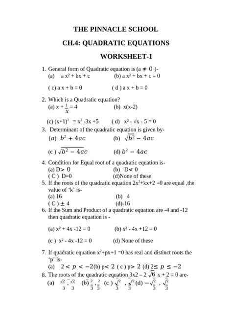 Quadratic Equations Questions Pdf Algebra Mathematical Objects