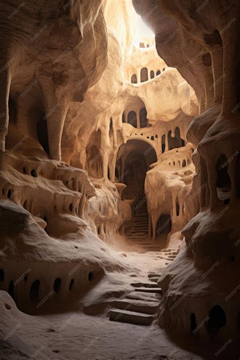 A Cave With A Staircase Leading To A Cavelike Structure This Image Can Be Used To Depict
