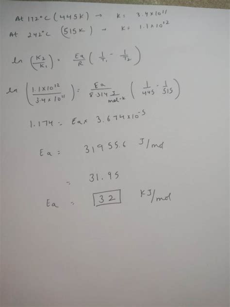 O KINETICS AND EQUILIBRIUM Using the Arrhenius equation to calculate Ea from k versus T data ...