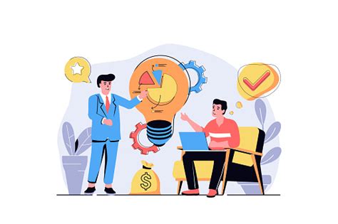 만화 사람들 디자인을 가진 사업 아이디어 웹 개념 재무 데이터를 분석하고 새로운 아이디어를 창출하고 팀에서 성공 전략을 개발하는 남성 흰색 배경에 고립 된 평면 벡터