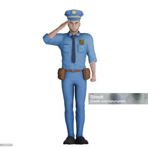 3d 만화 경찰관 한 남자 경찰관이 경례하듯 오른손을 머리에 얹고 서 있다 법 집행 캐릭터 경찰 배지에 대한 스톡 사진 및 기타 이미지 Istock