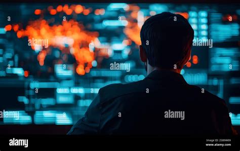 Data Analyst Monitoring Futuristic Digital Analytics Dashboard On Computer Screen With