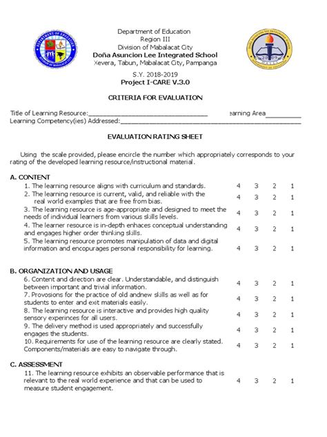 Project Icare Evaluation Form Pdf Learning Experience