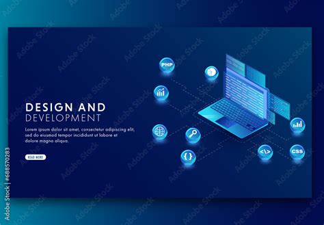 Design And Development Concept Based Landing Page With Isometric Laptop Connected Different