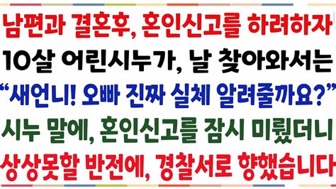 반전신청사연 내가 결혼후 혼인신고 하려하자 살 어린 시누가 날찾아와서는 새언니 오빠 진짜실체 알려줄까요 혼인신고 잠시 미뤘더니 신청사연 사이다썰 사연
