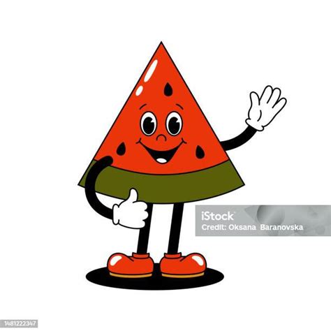 벡터 만화 복고풍 마스코트 컬러 그림으로 걸어 다니는 수박 조각 빈티지 스타일의 30 년대 40 년대 50 년대 오래된 애니메이션 클립 아트는 흰색 배경에 격리되어 있습니다