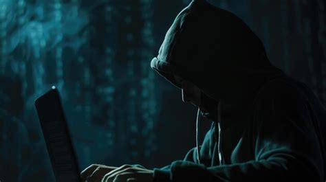 Premium Photo Hooded Cybersecurity Expert In Darkness With Laptop